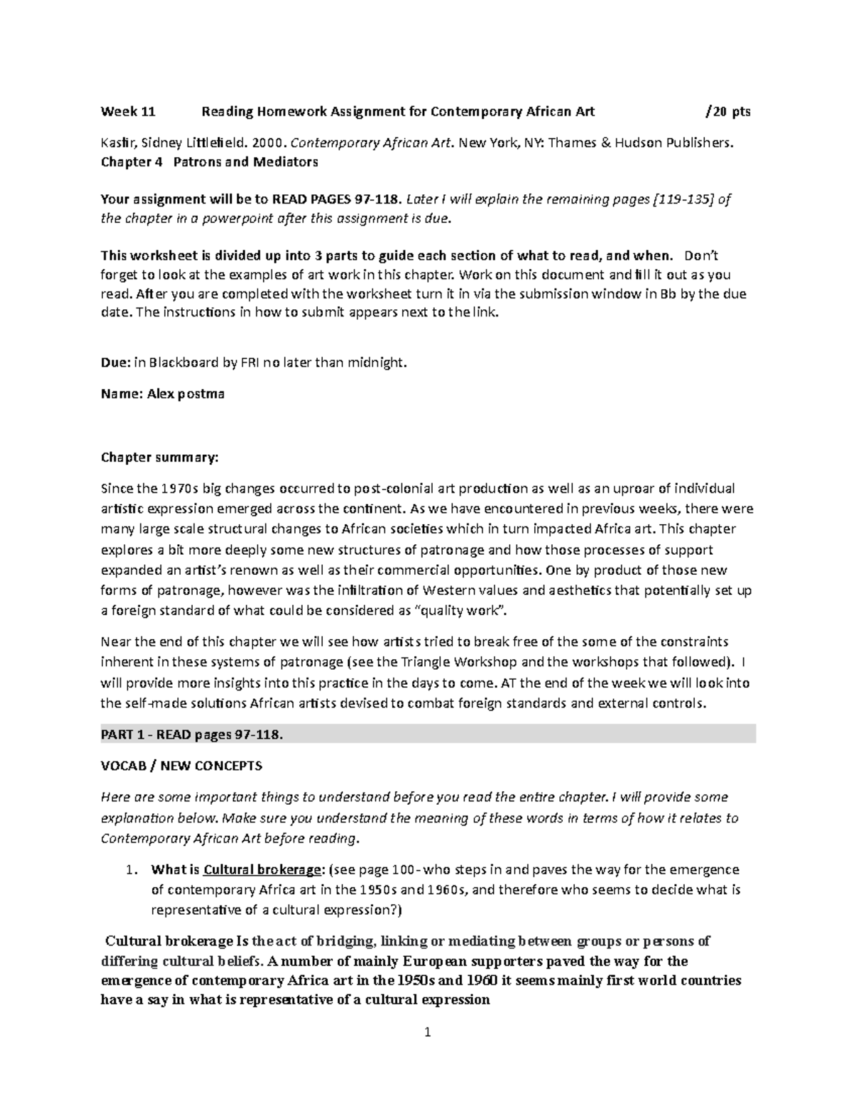 Week 11 Reading Homework Assignment-Contemporary Art - Week 11 Reading Homework Assignment for ...