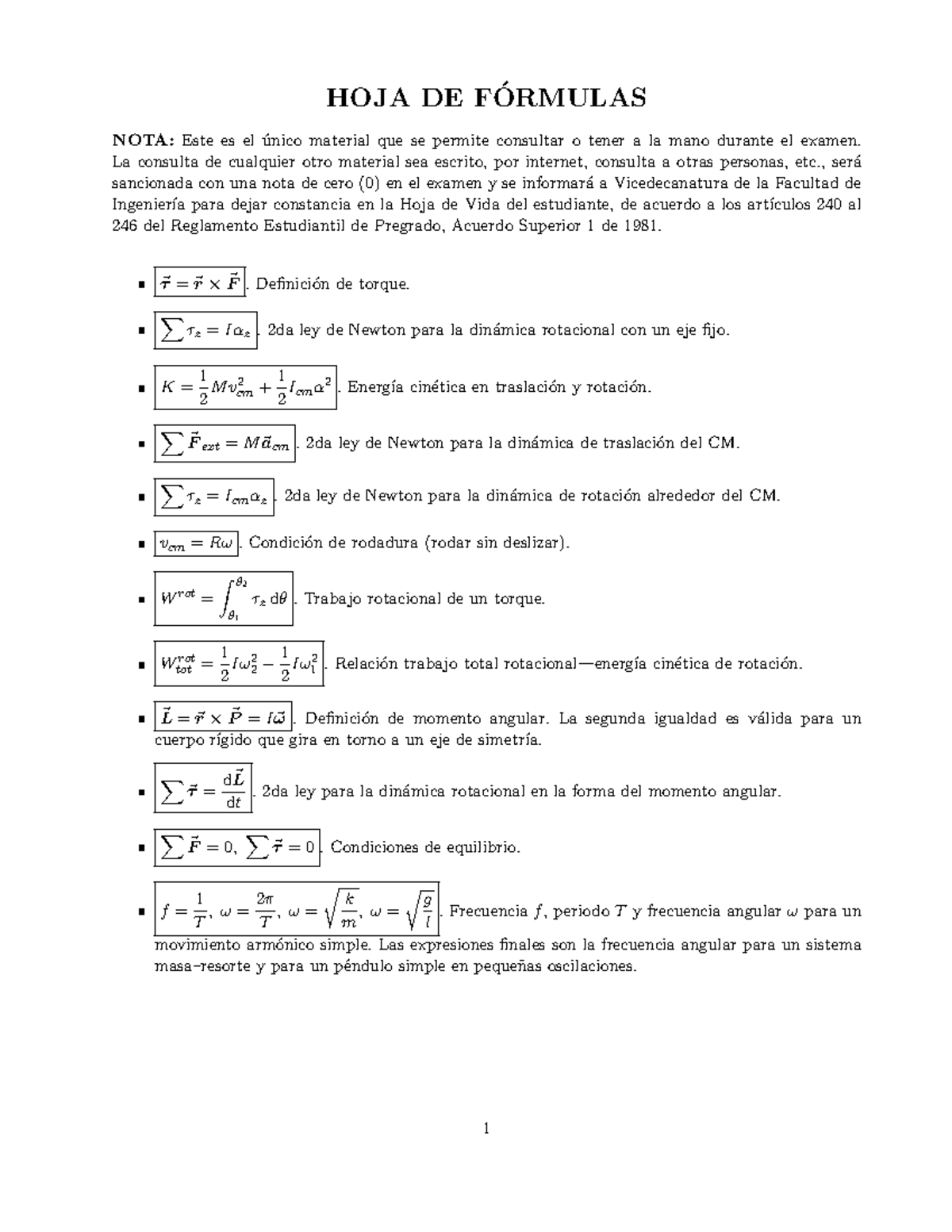 Hoja de formulas 4to Ex - HOJA DE F ́ORMULAS NOTA: Este es el ́unico ...