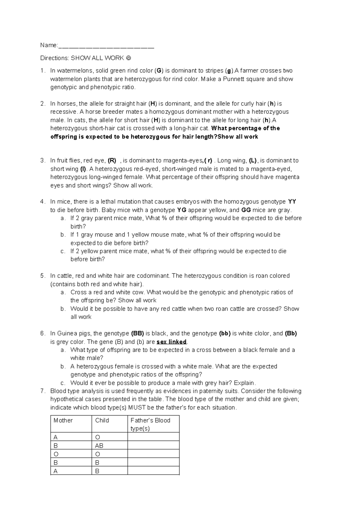 BIO 2 Genetics QUIZ - Biology 2 Practice Materials - Name ...
