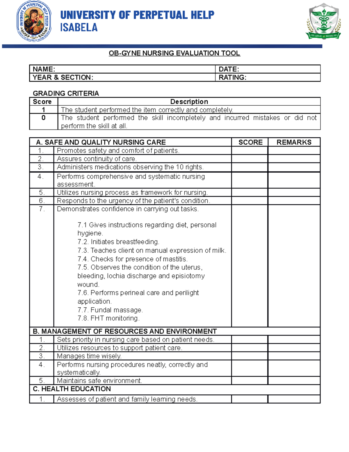 OB Nursing Evaluation TOOL - OB-GYNE NURSING EVALUATION TOOL NAME: DATE ...