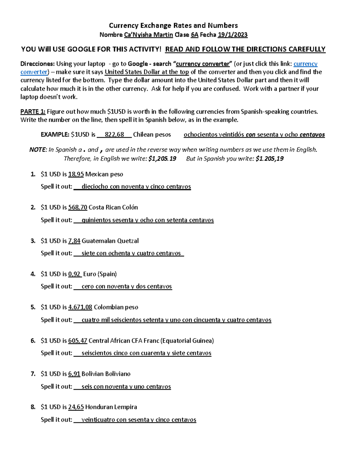 Currency Exchange and Numbers Activity - Currency Exchange Rates and ...