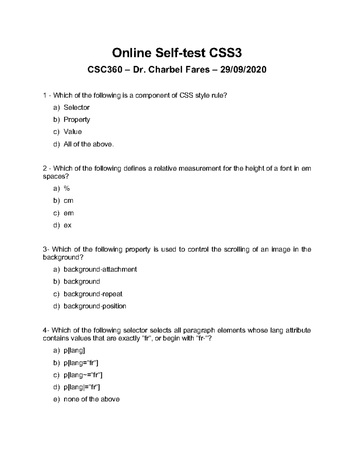 202009 29-CSC360-Online Self Test - Online Self-test CSS 3 CSC360 – Dr ...