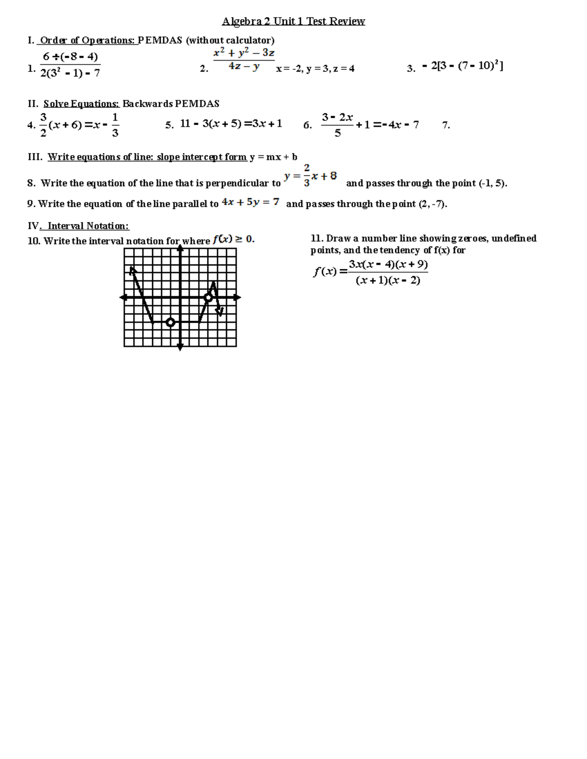 Algebra 2 Unit 1 Review - (1) Write down an equation and solve for the ...