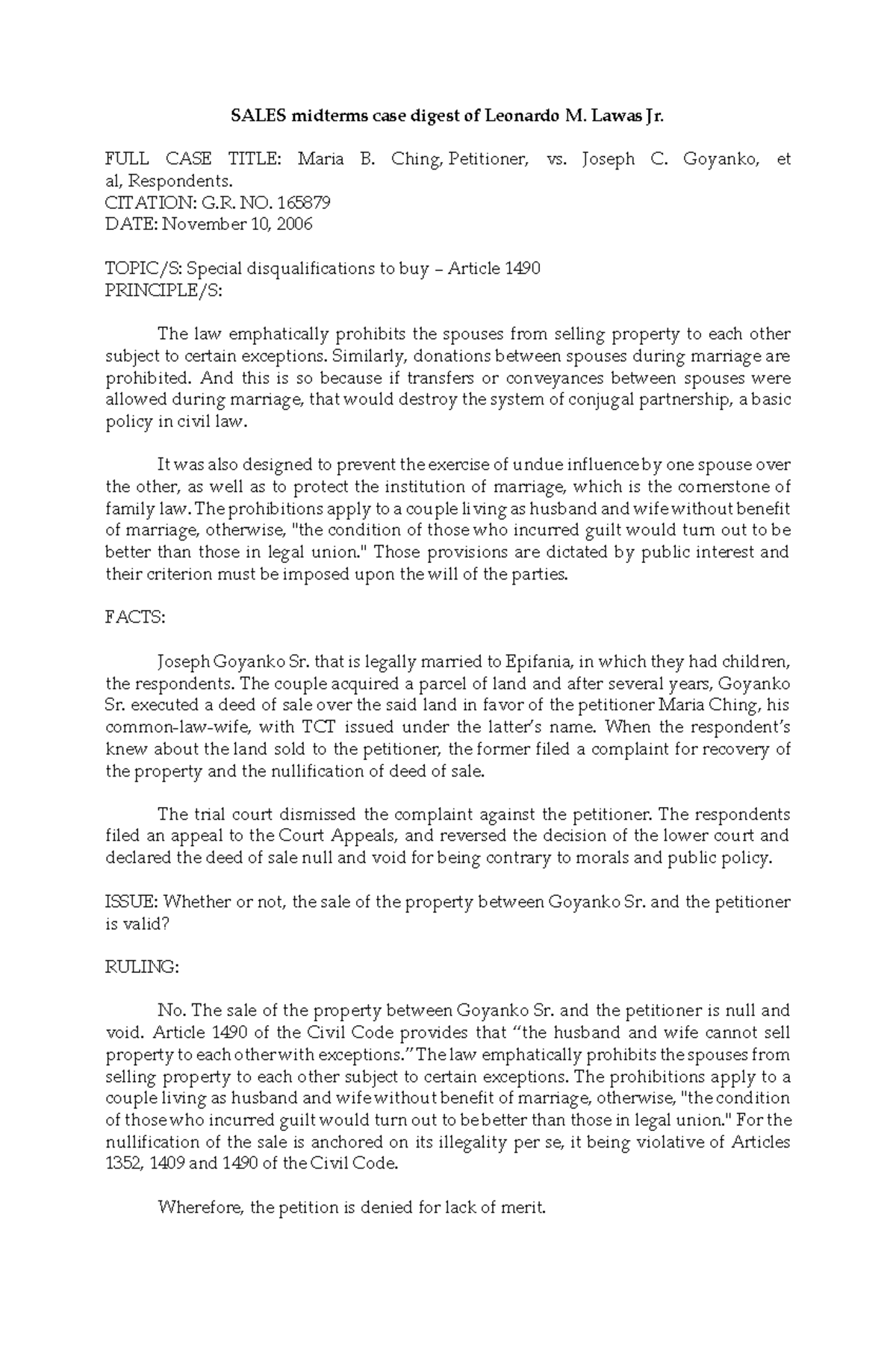 Lawas Casedigest Sales - SALES midterms case digest of Leonardo M ...