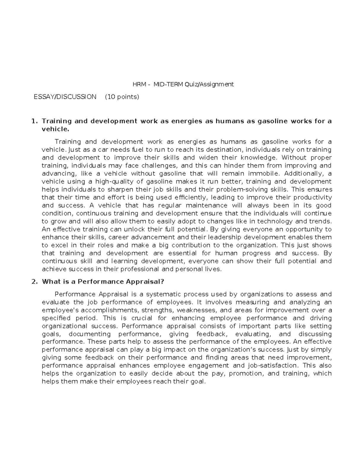 HRM Mid Term Quiz - HRM - MID-TERM Quiz/Assignment ESSAY/DISCUSSION (10 ...