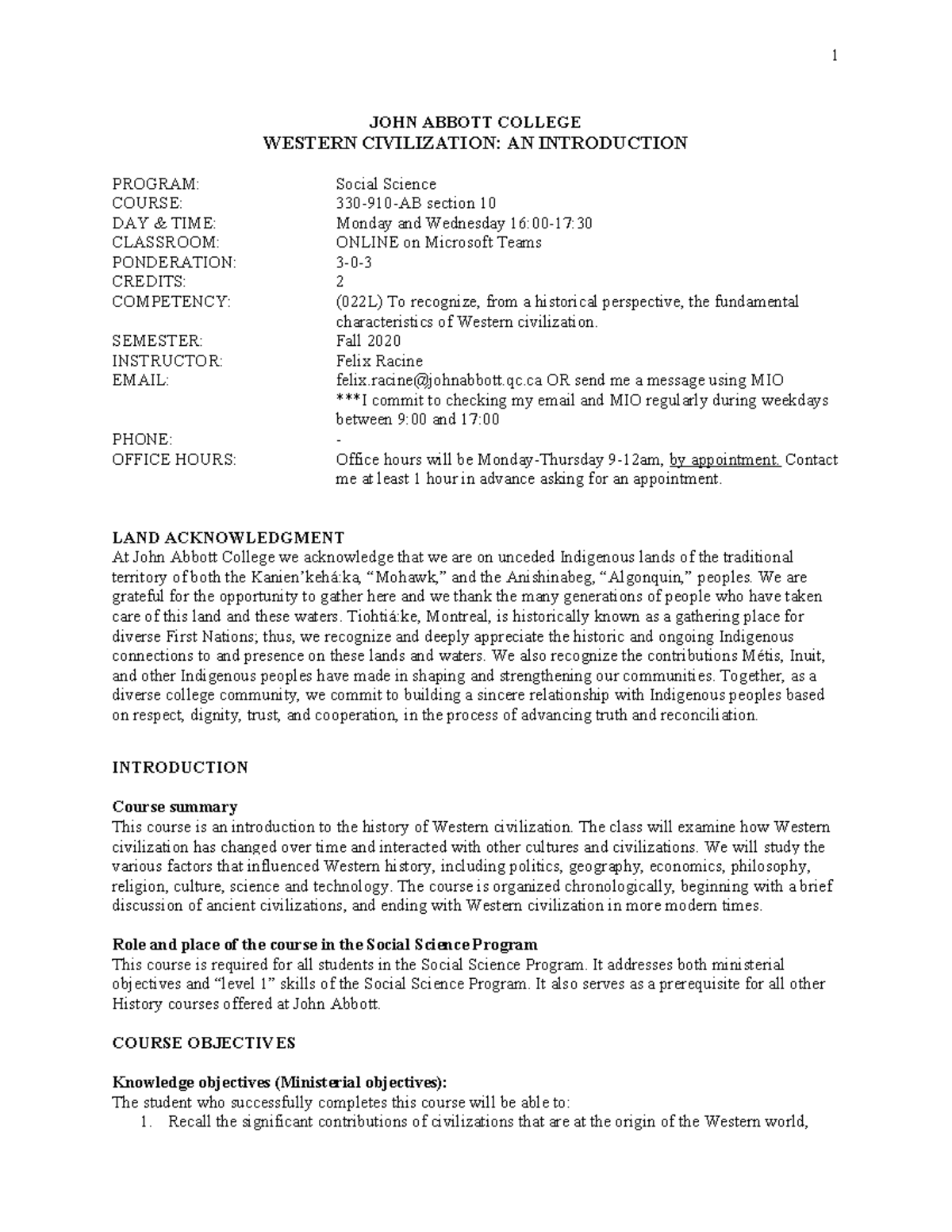 Course outline Western Civ section 10 - JOHN ABBOTT COLLEGE WESTERN ...