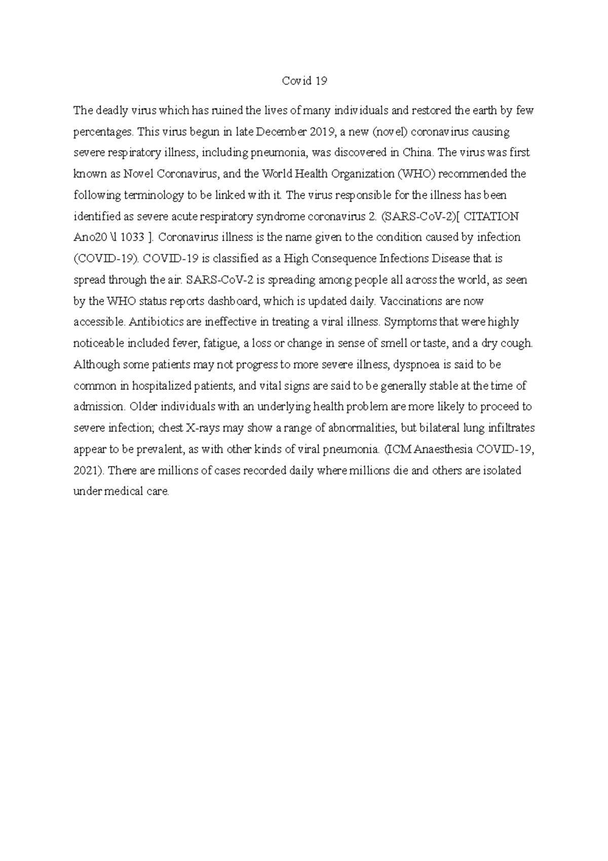 Covid 19 Major research essay - Covid 19 The deadly virus which has ...