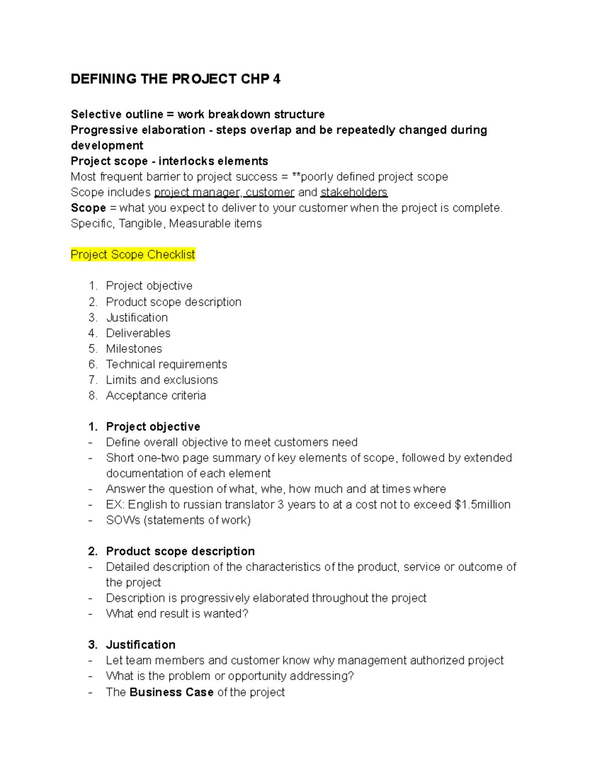 MNGMT 4060 CHP 4 - Chapter 4 Project Management Fundamentals. Defining ...