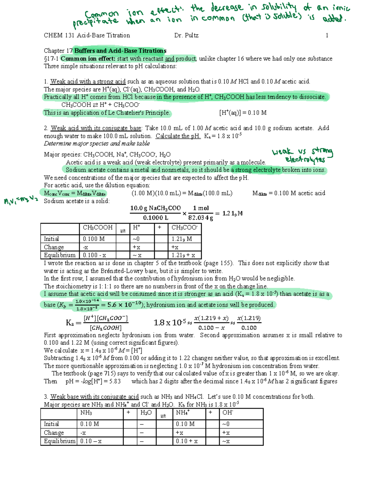 CHEM131 Chapter 17 acid base titrations - CHEM 131 Acid-Base Titration Dr. Pultz 1 Chapter 17 ...