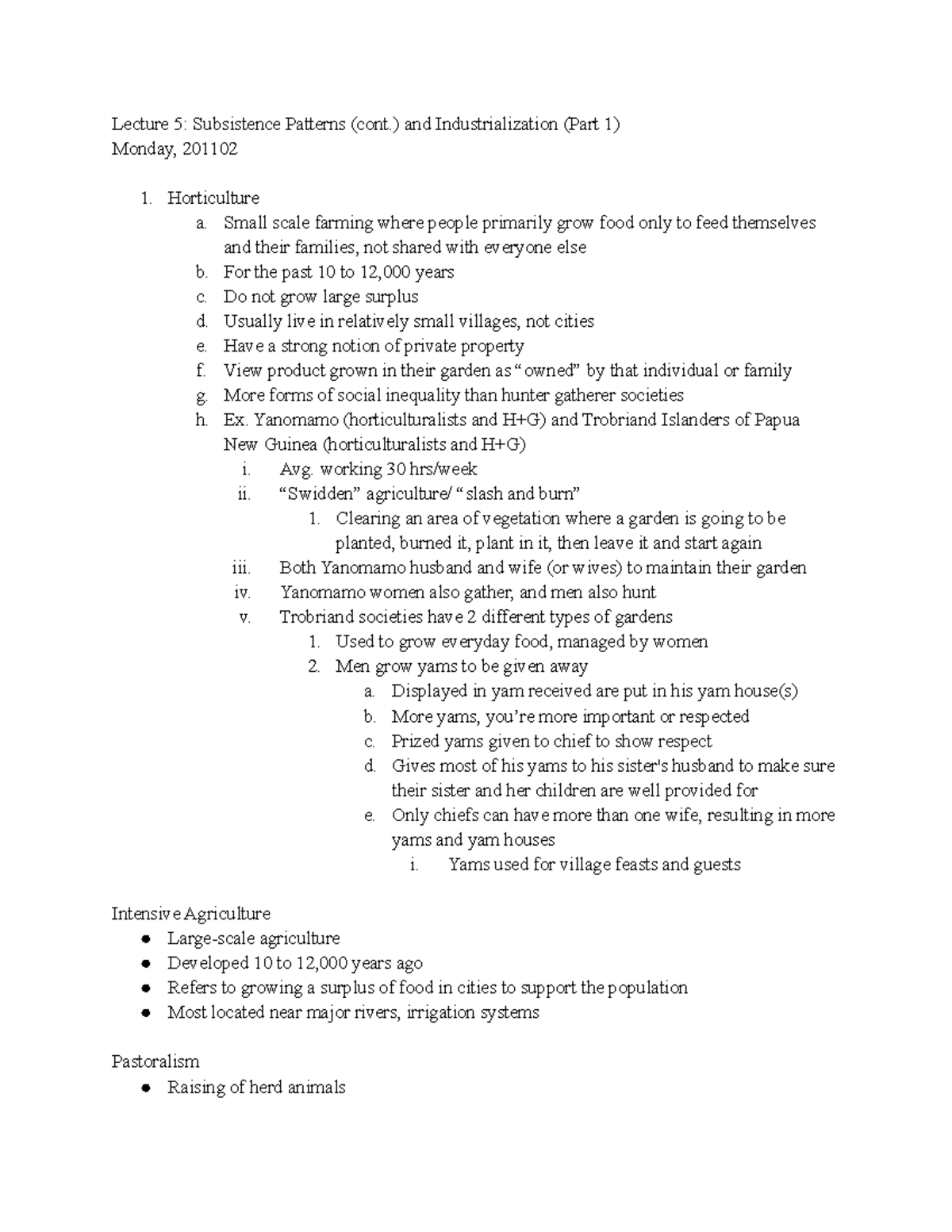 Lecture 5 Subsistence Patterns (Part 2) & Industrialization (Part 1 ...