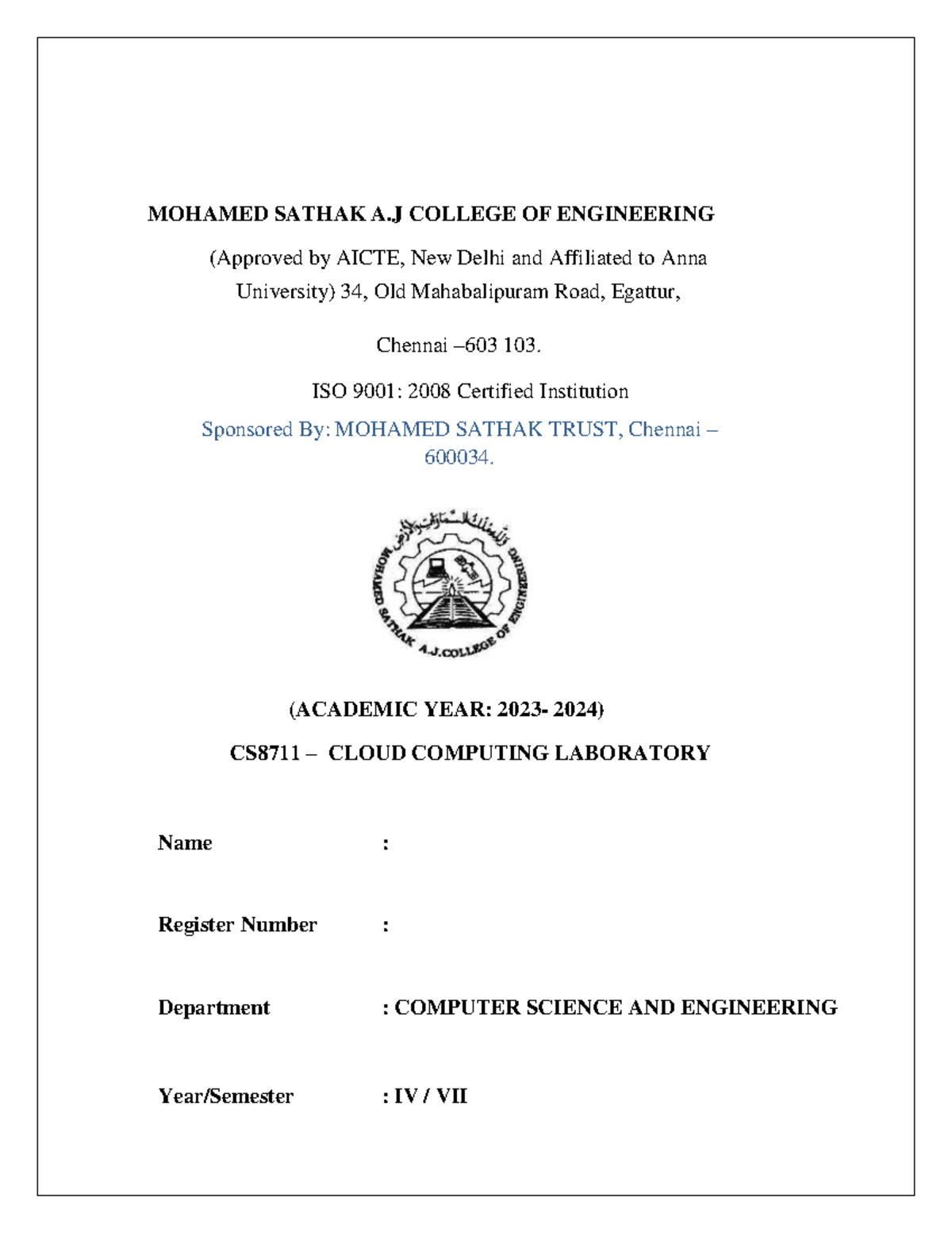 CS8711 CC Lab Manual - SDSD - MOHAMED SATHAK A COLLEGE OF ENGINEERING (Approved by AICTE, New ...