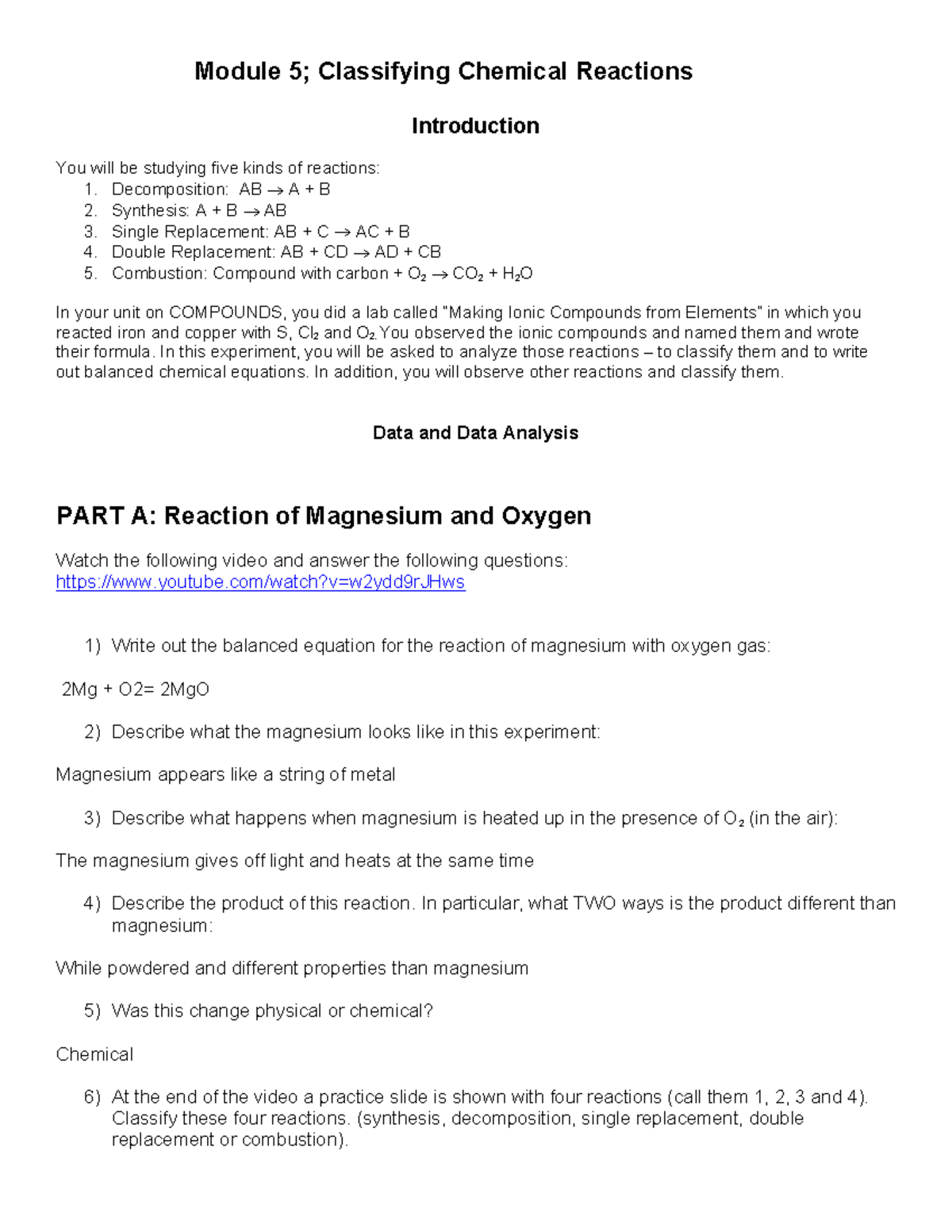 Module 5; Classifying Chemical Reactions - Module 5; Classifying ...