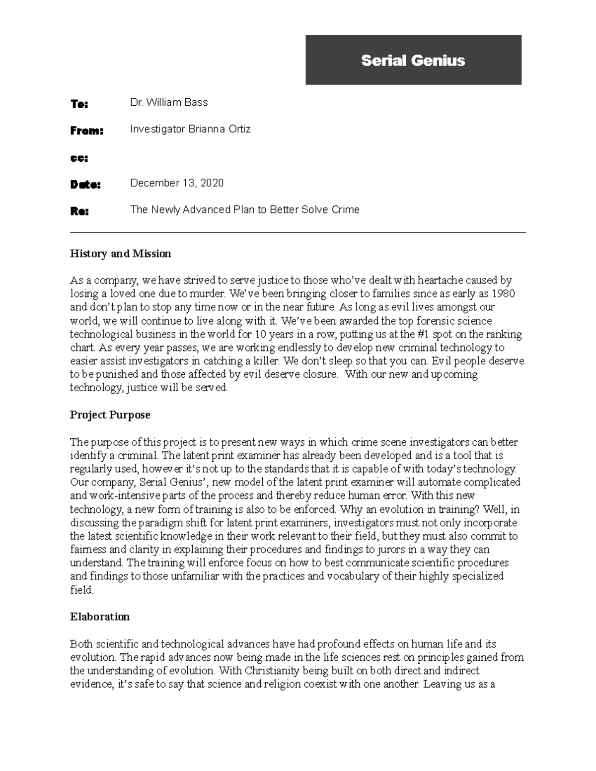 Memo SCI-150 - memo - Serial Genius To: Dr. William Bass From ...