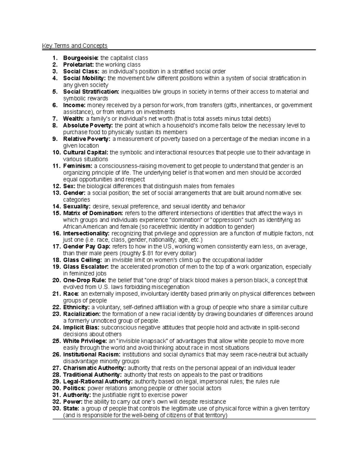 SOC100 EXAM 2 Study Guide - Key Terms and Concepts 1. 2. 3. 4. 5. 6. 7 ...