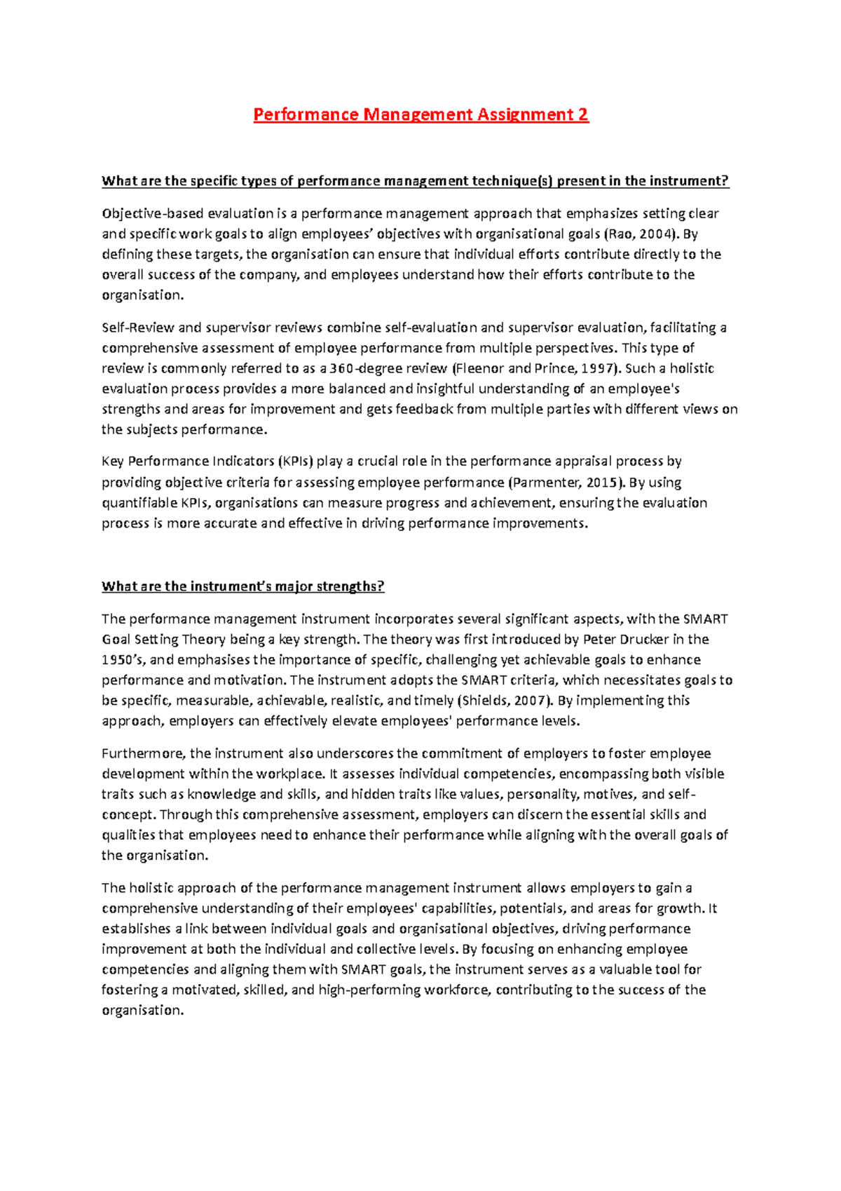 Performance Management Assignment 2 - By defining these targets, the ...