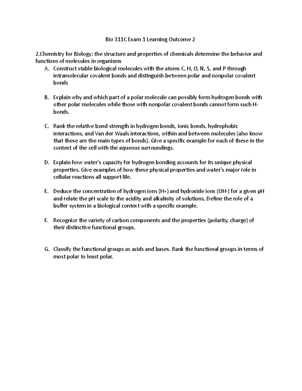 Bio 311C Exam 1 Learning Outcome 2 - Construct stable biological ...