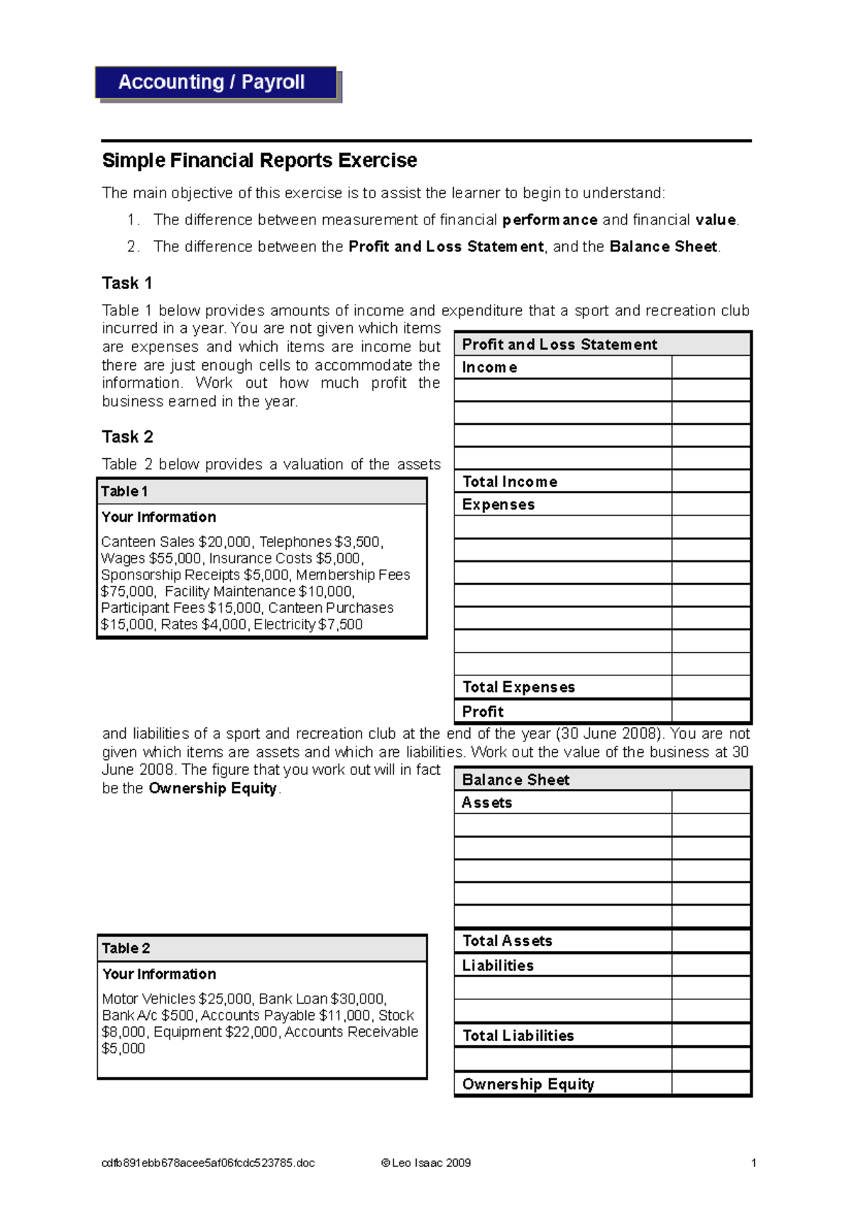 Exercise 23 - Accounting - Simple Financial Reports Exercise The main ...