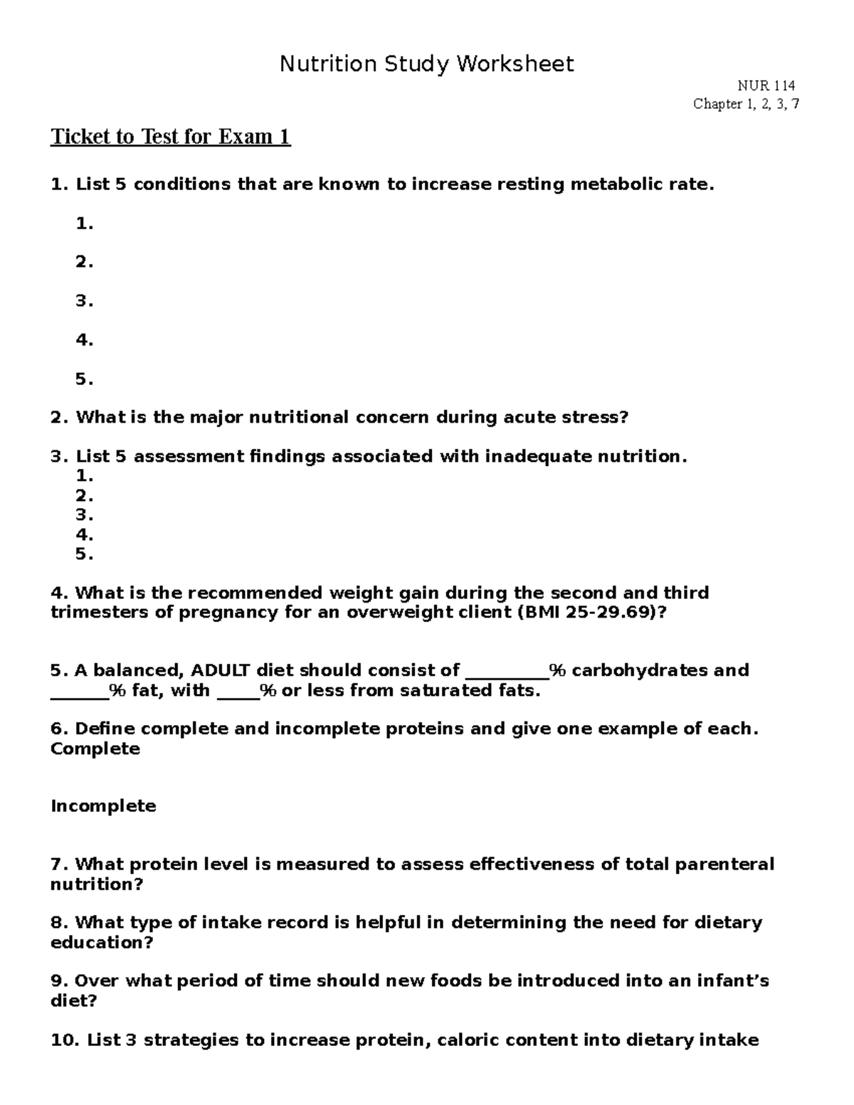 Nutrition Study Worksheet NUR 114 NOWExam 1(1) - Nutrition Study ...