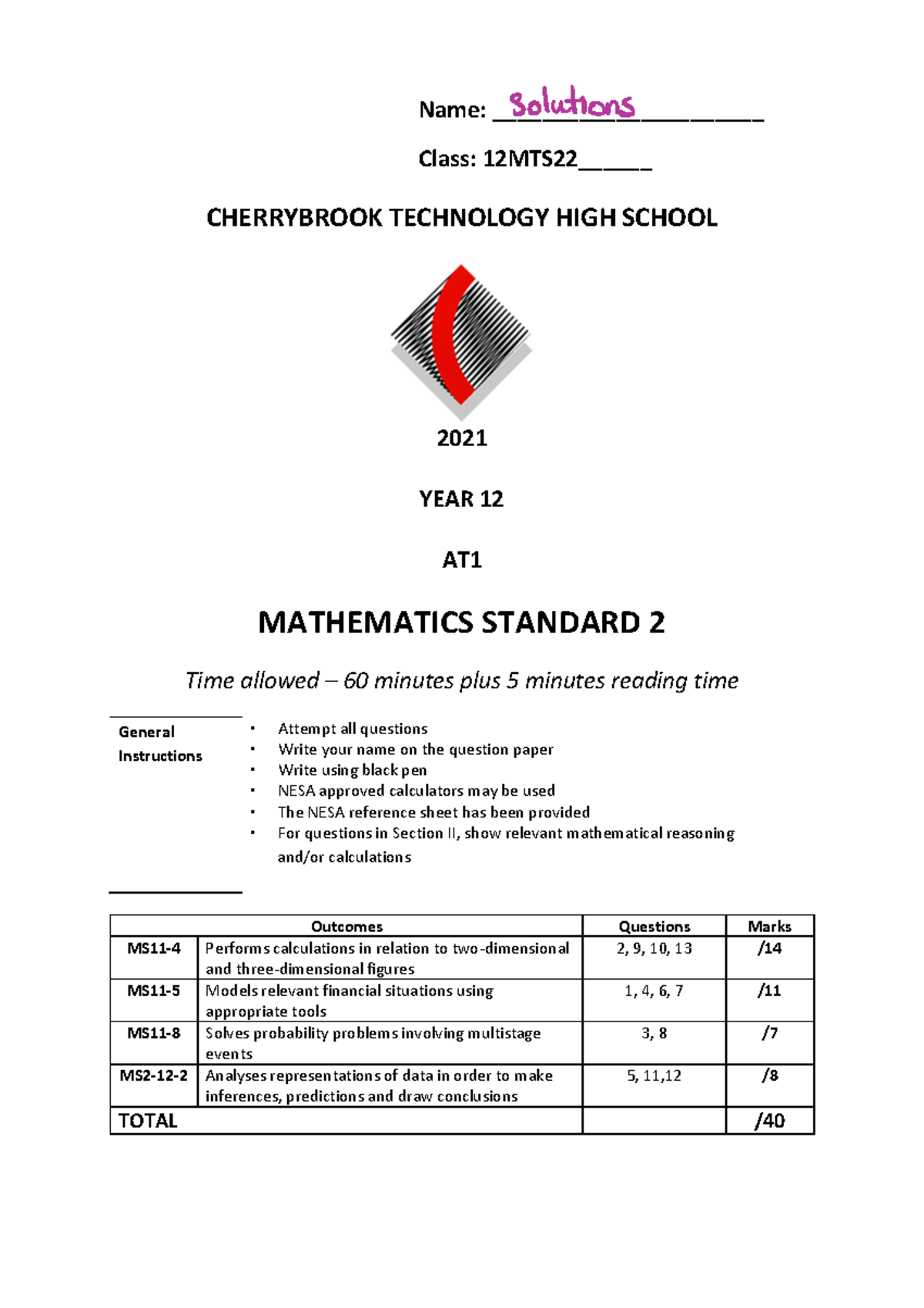 Year 12 Mathematics Standard 2 Exam - Studocu