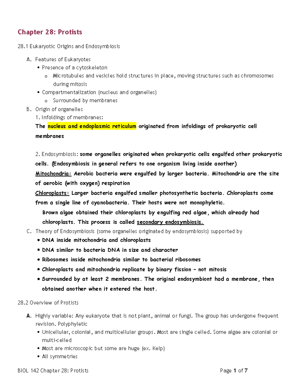 Chapter 28 study guide 142-v01 notes - Chapter 28: Protists 28 ...