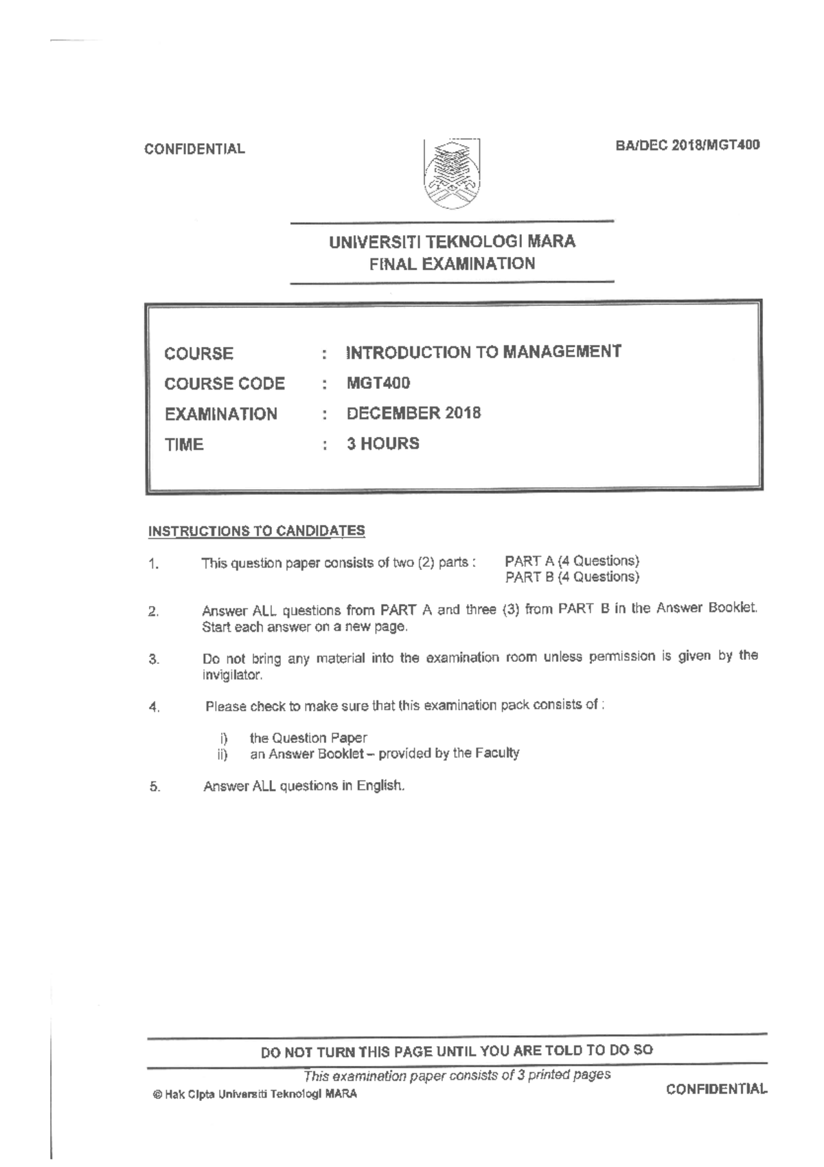 Faculty Business Management 2019 Session 1 - Degree MGT400 ...