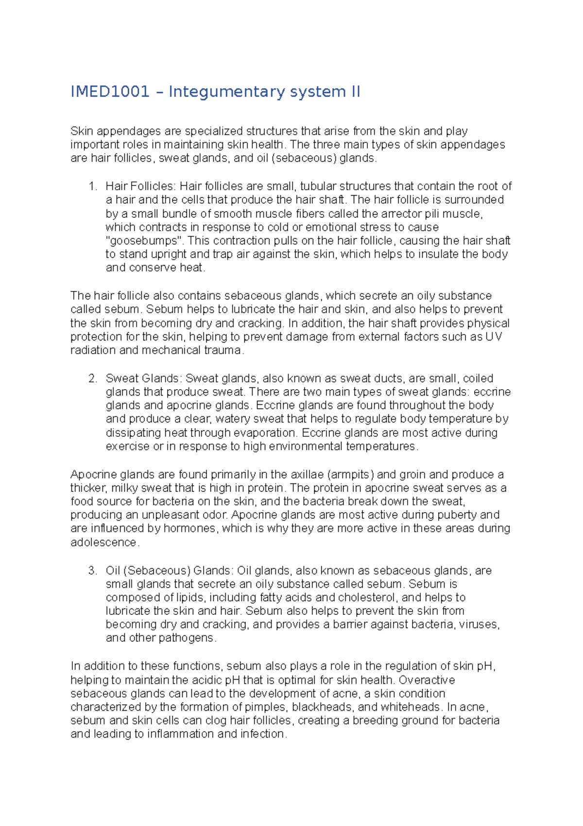 IMED1001-Integ Sys 2 - Integumentary system II lecture notes + practice ...
