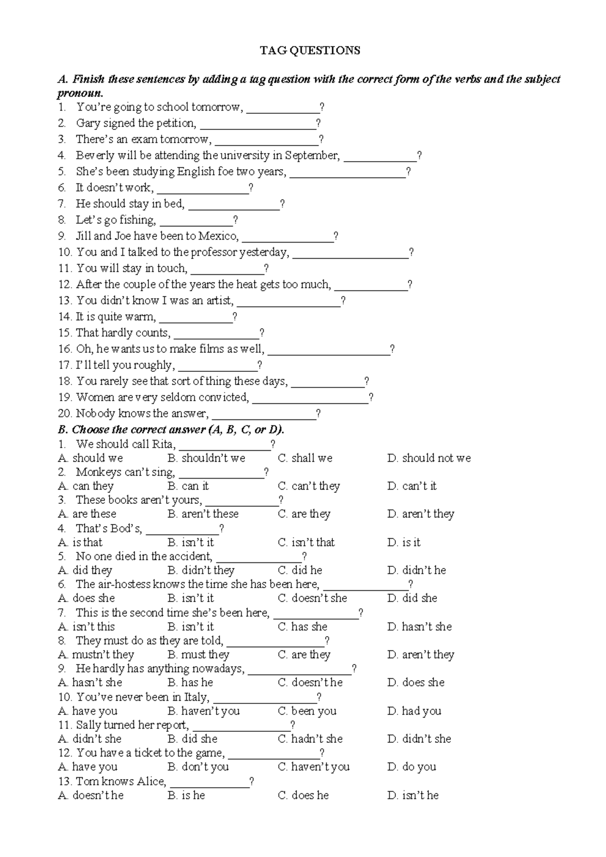 BAI TAP TAG Questions - TAG QUESTIONS A. Finish these sentences by ...