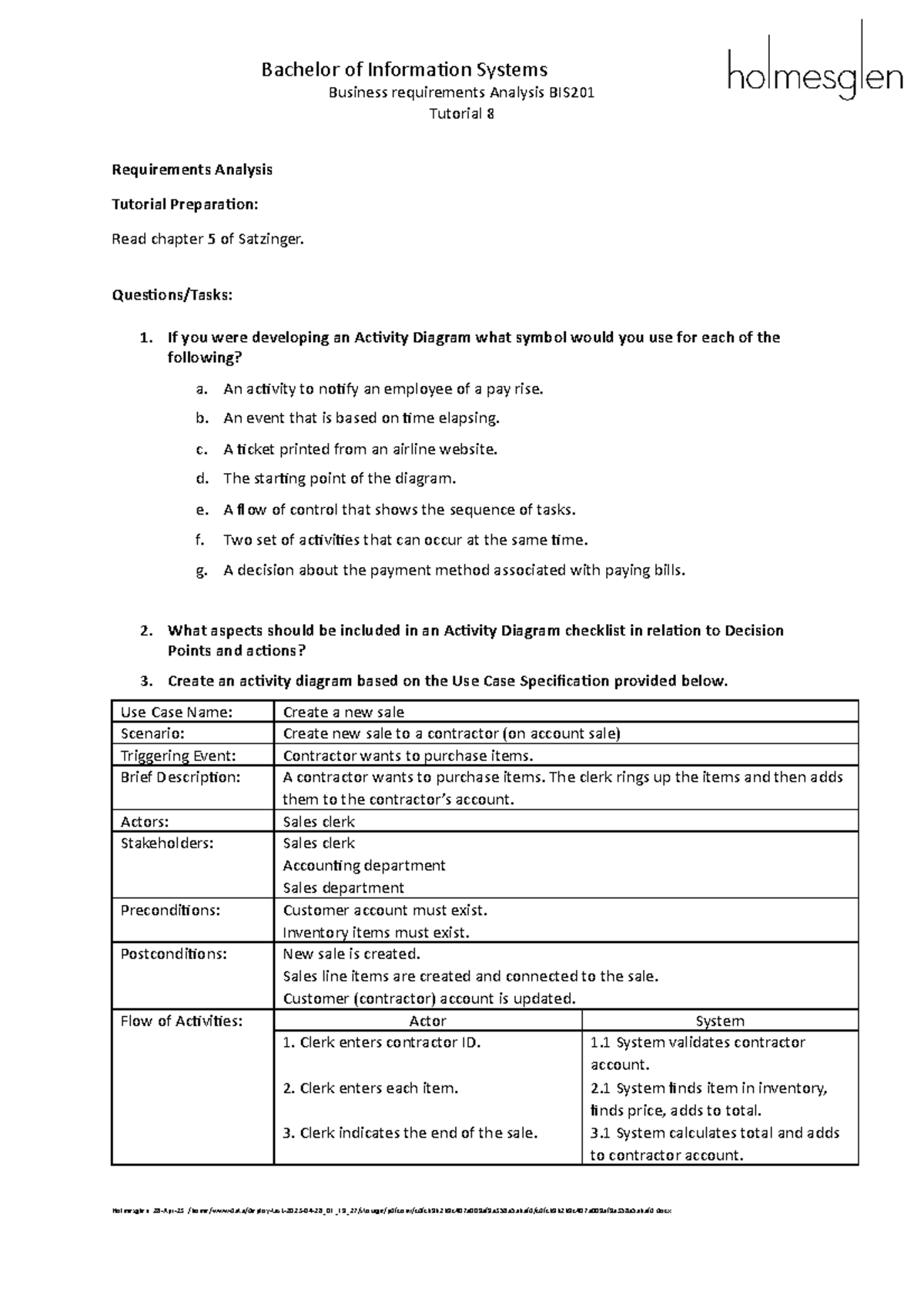 BIS201 Business Requirements Analysis Tut 8 - Bachelor of Information Systems Business ...