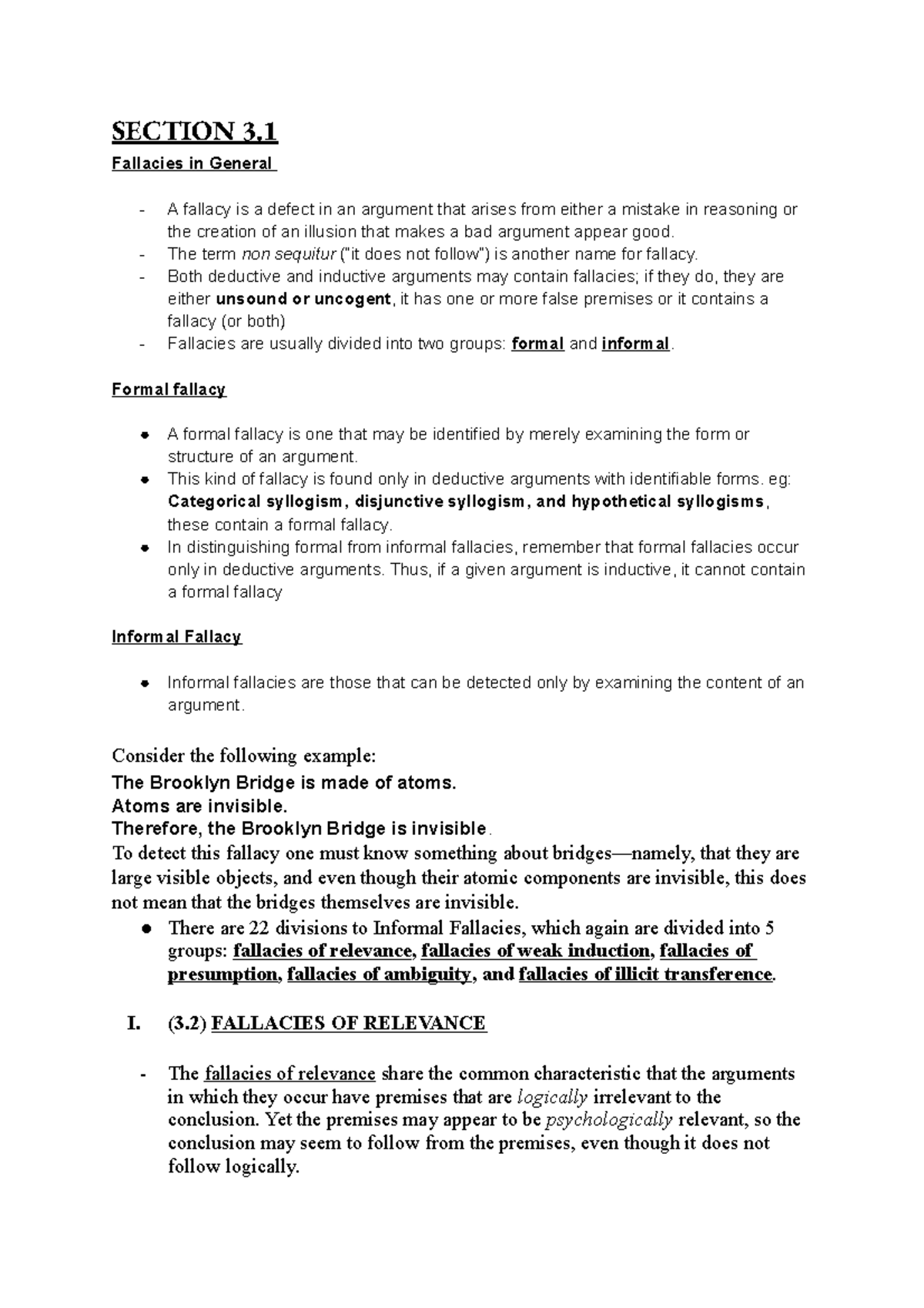 Section 3.1 INFORMAL FALLACIES - SECTION 3. Fallacies in General A ...