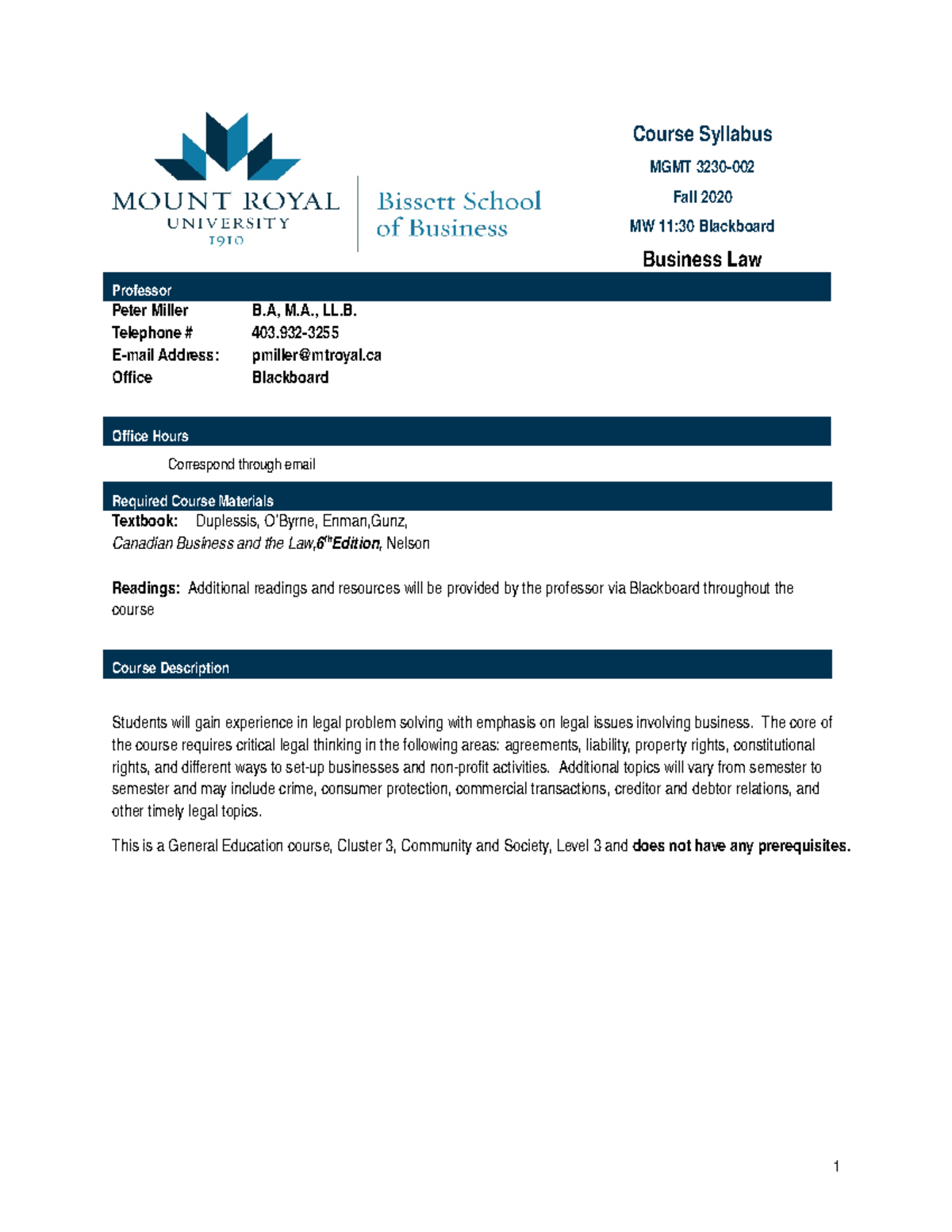 BSB Course Outline Fall 2020 002 - Course Syllabus MGMT 3230- Fall 2020 ...