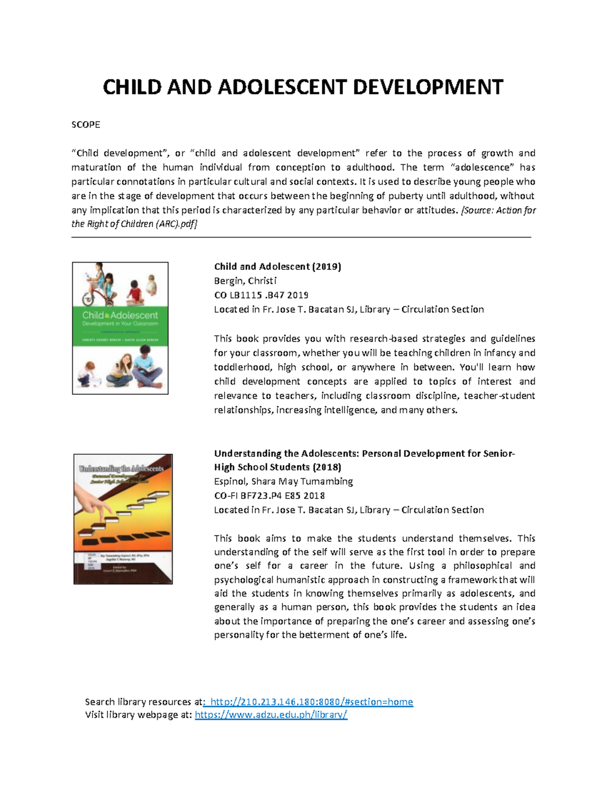 Child and Adolescent Development - Search library resources at: 210.213 ...