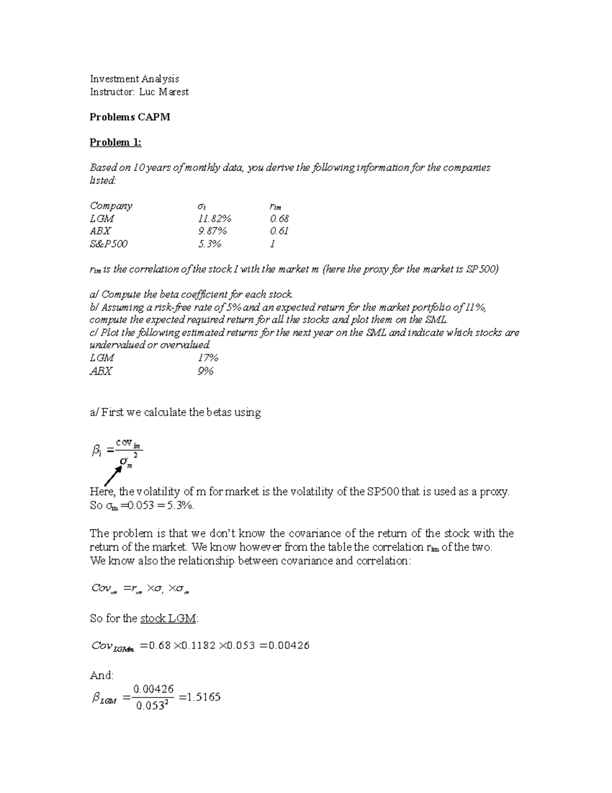 Inv Problemsclass 4CAPM - Investment Analysis Instructor: Luc Marest ...