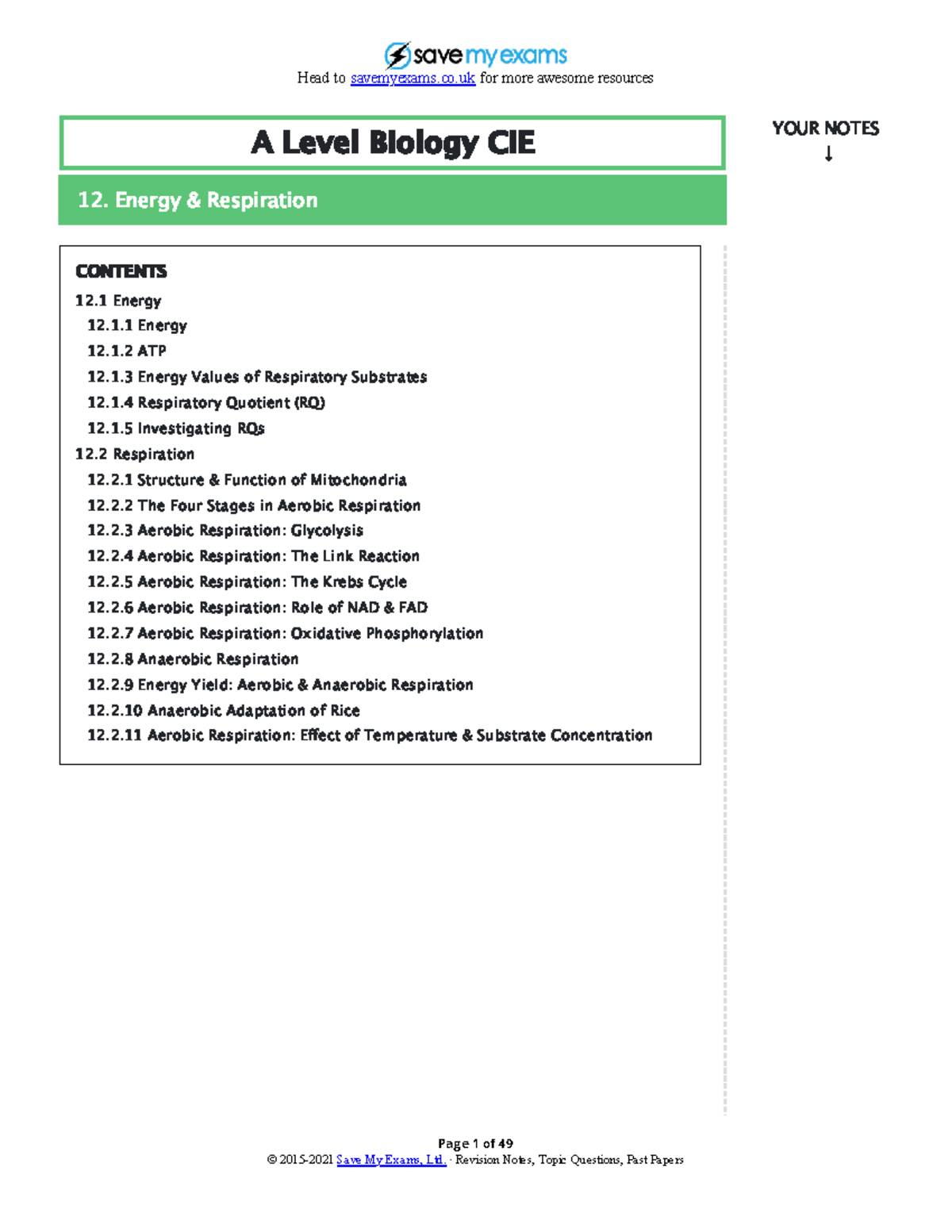 Chapter 12 energy and respiration - Page 1 of 49 A Level Biology CIE 12 ...