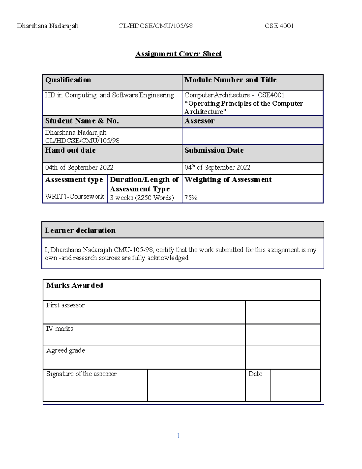 CSE 4001 Individual assignment Final - Assignment Cover Sheet ...