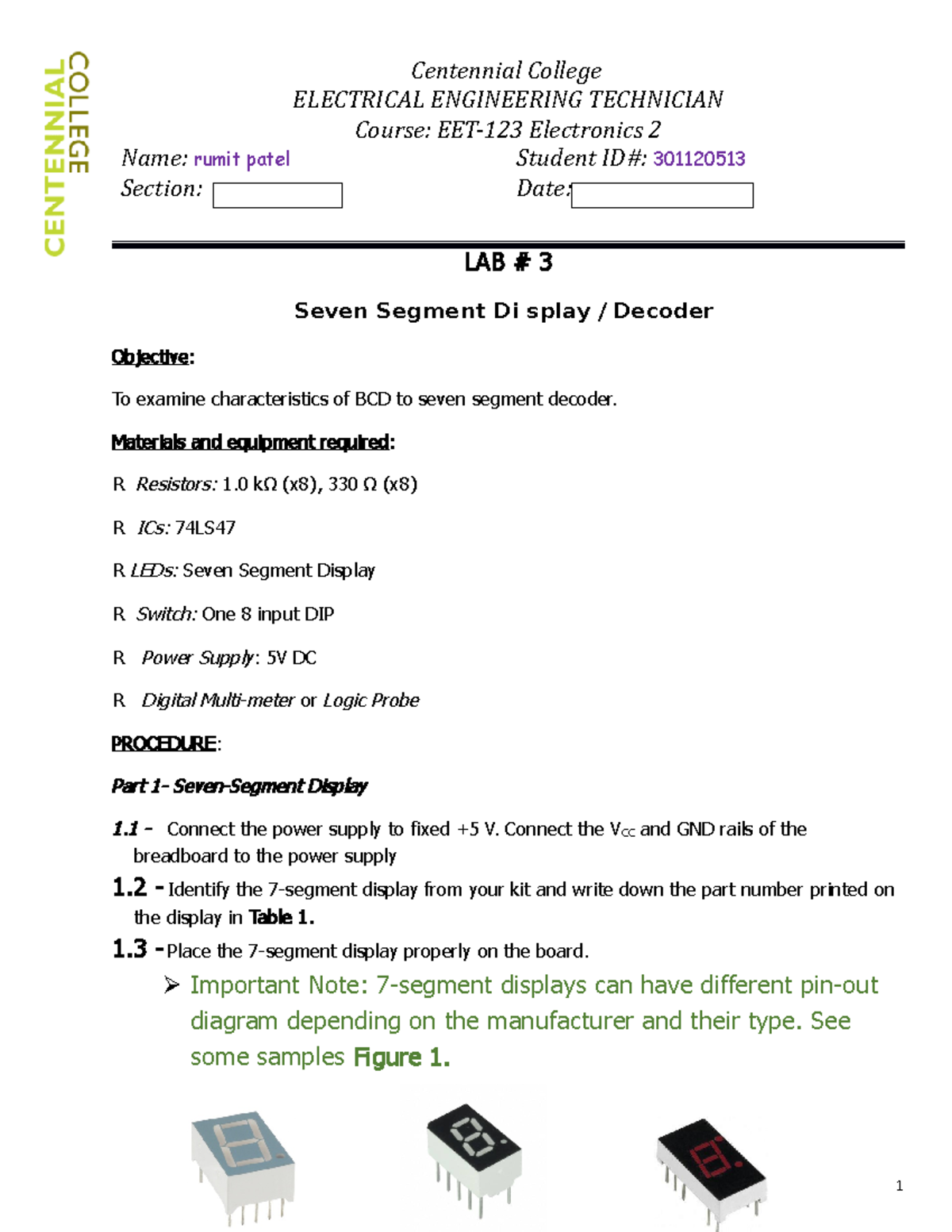 EET123 LAB 3 Seven Segment Decoder - F21- Rev1 - Centennial College ELECTRICAL ENGINEERING - Studocu