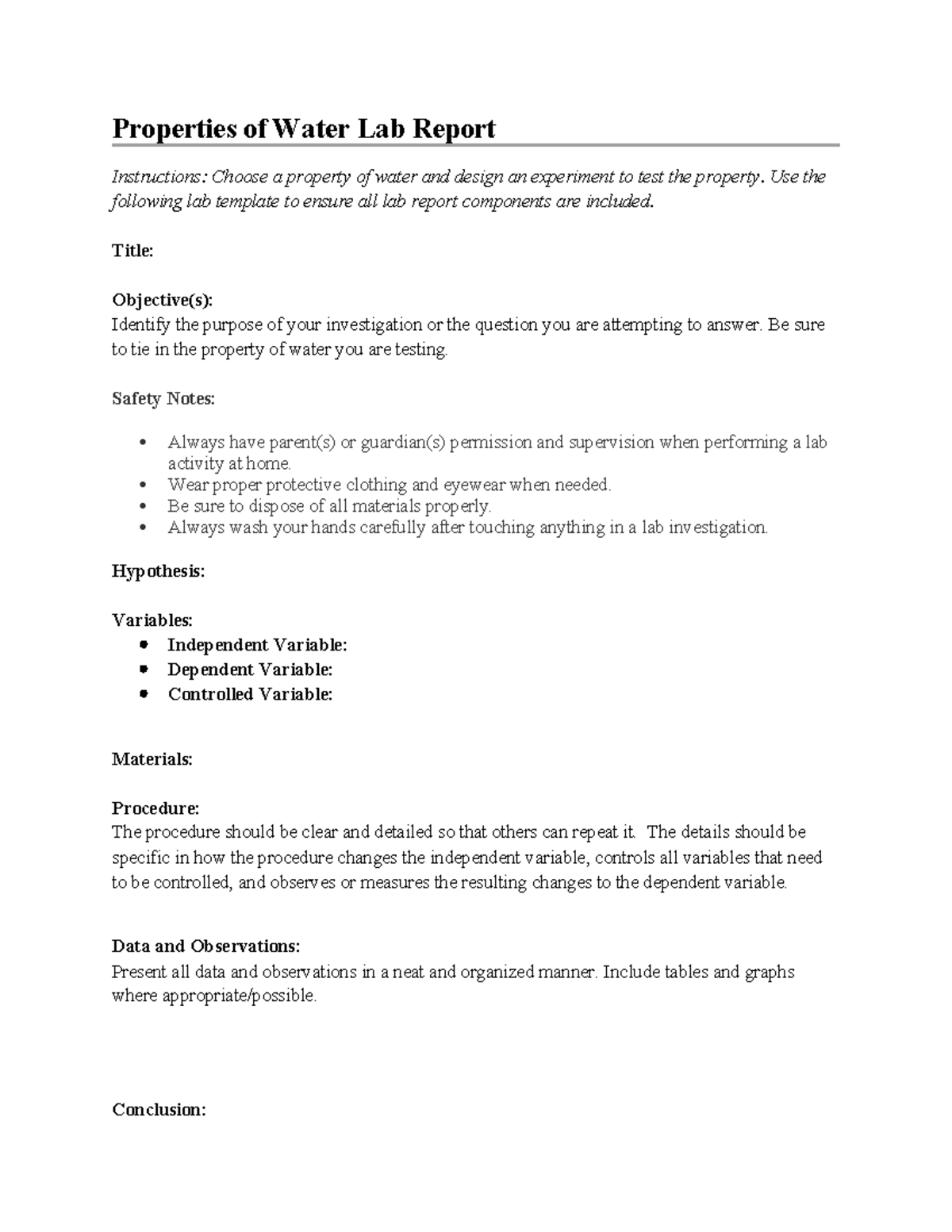 02 01 properties of water lab report - Properties of Water Lab Report ...