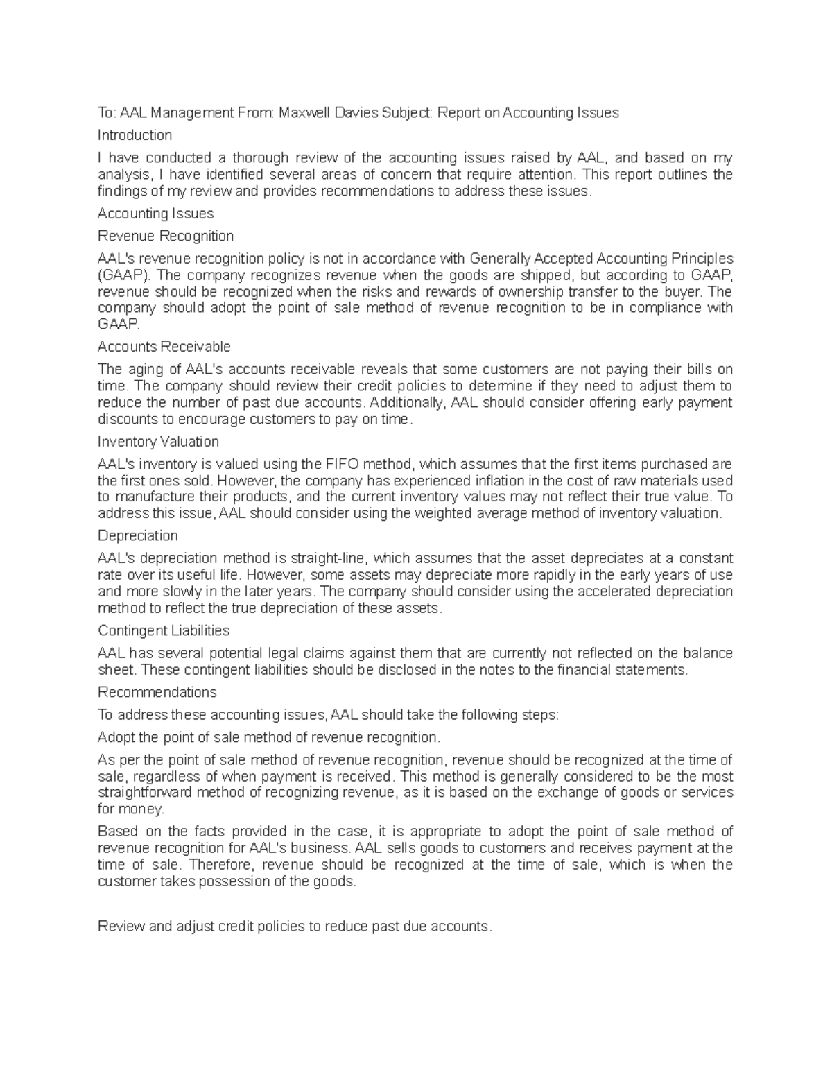 MBA Finance Assignment 5 - To: AAL Management From: Maxwell Davies ...