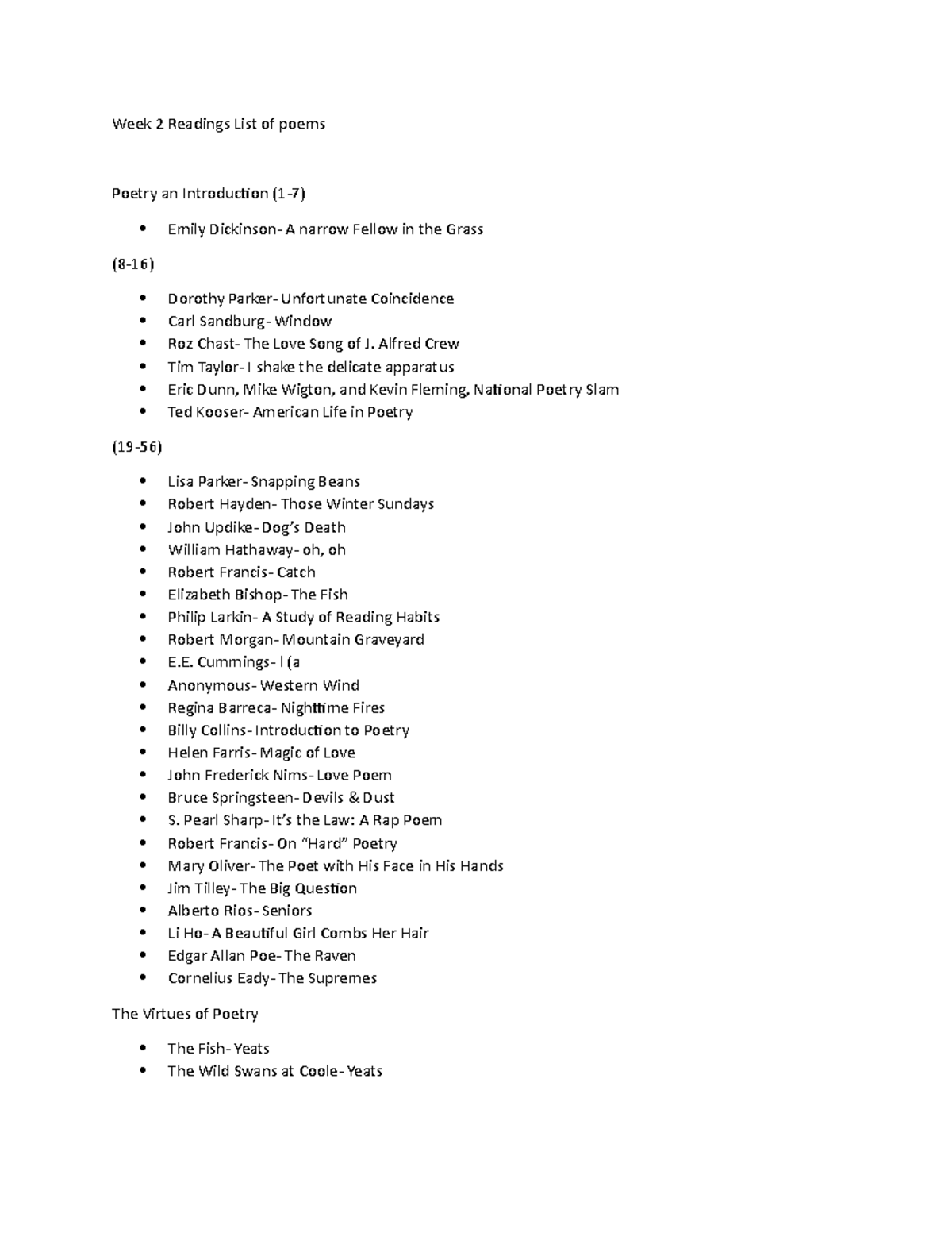 Week 2 Readings List of poems - Week 2 Readings List of poems Poetry an ...