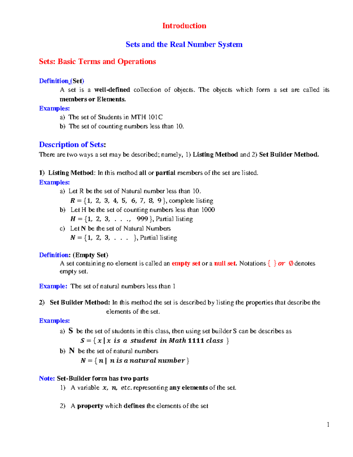 SETS AND Number System - Nice. - Introduction Sets and the Real Number ...