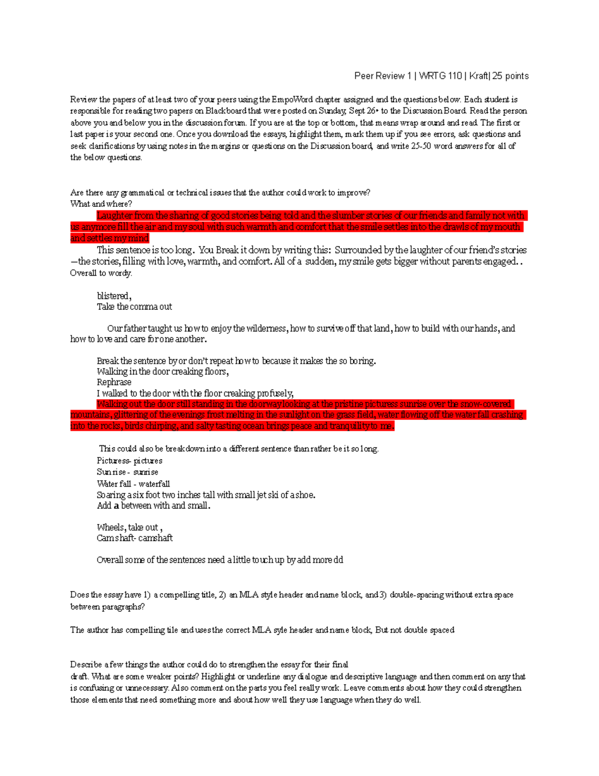 Peer Review for WRTG 110: Improving an Essay - Studocu