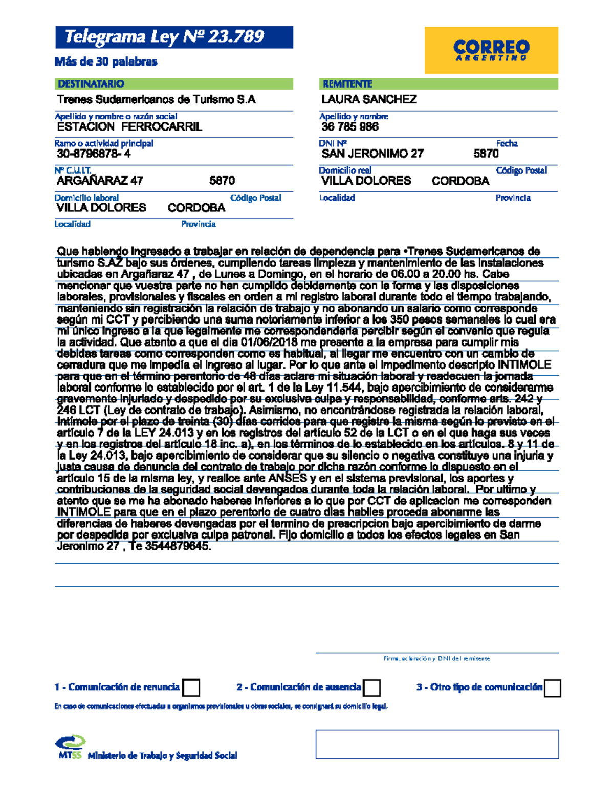 MODELO DE TELEGRAMA - Práctica Profesional - Firma, aclaración y DNI ...
