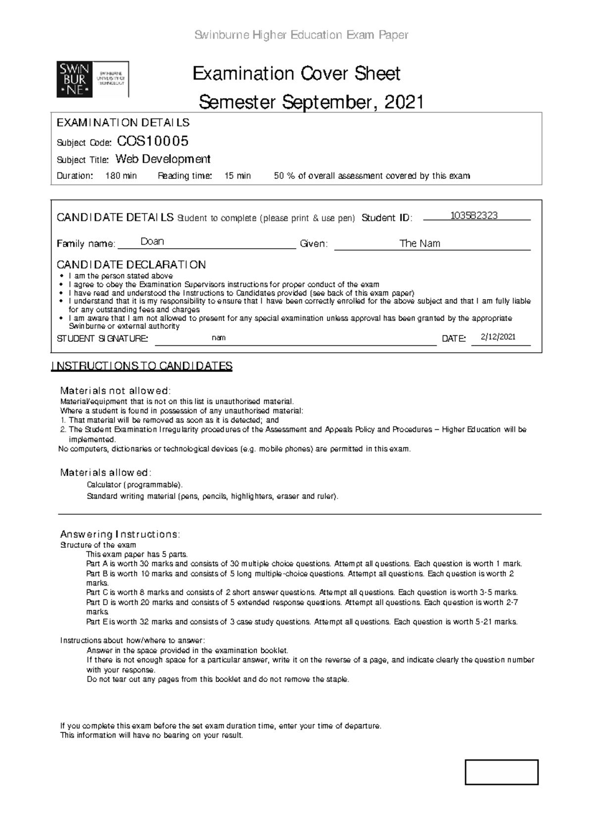 Doan The Nam 103582323 COS10005 Cover Sheet - Swinburne Higher ...