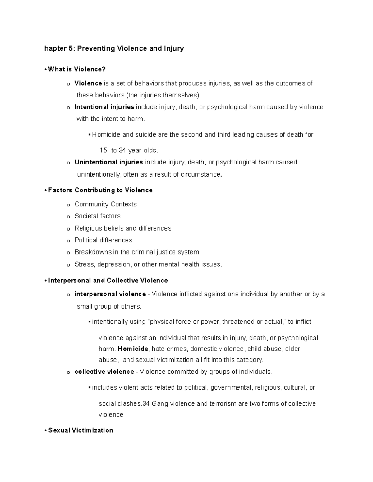 Exam One Study Guide Preventing Violence - hapter 5: Preventing ...