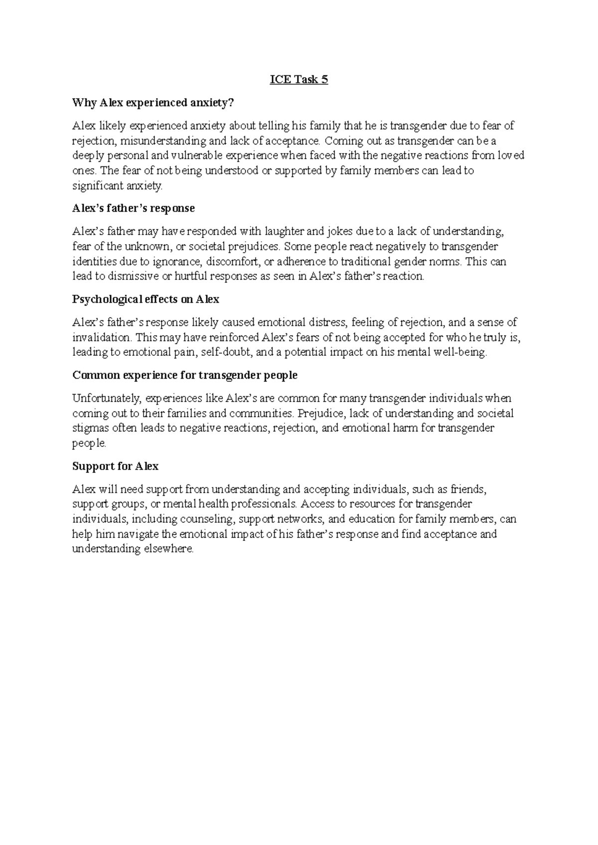 PSYC7313-ICE Task 5 - Ice Task - ICE Task 5 Why Alex experienced anxiety? Alex likely ...