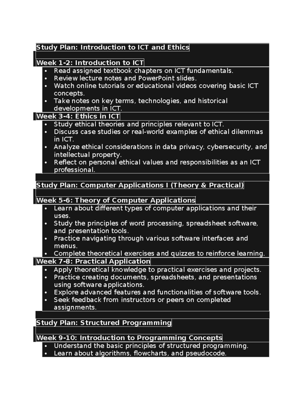 Study Plan eldad - Study Plan: Introduction to ICT and Ethics Week 1-2 ...
