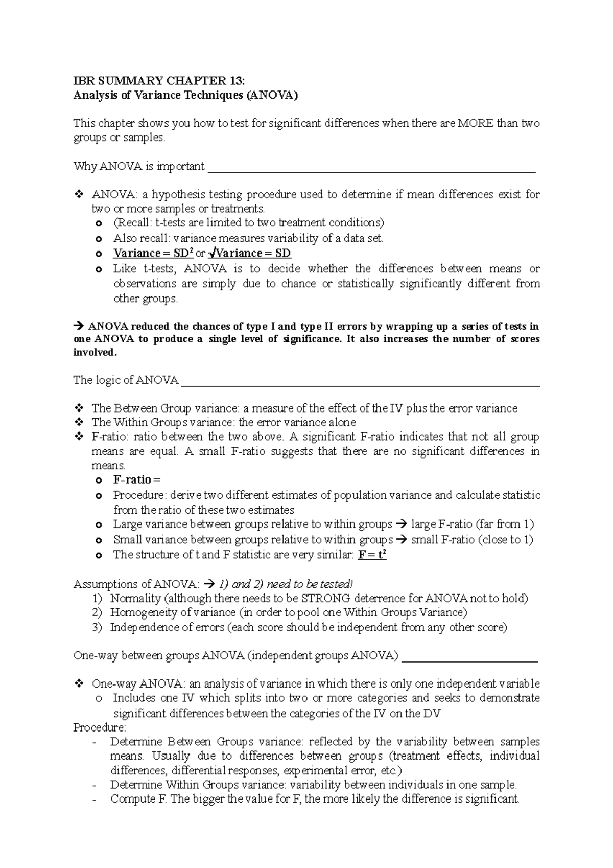 IBR Summary Chapter 13 - IBR SUMMARY CHAPTER 13: Analysis of Variance Techniques (ANOVA) This ...