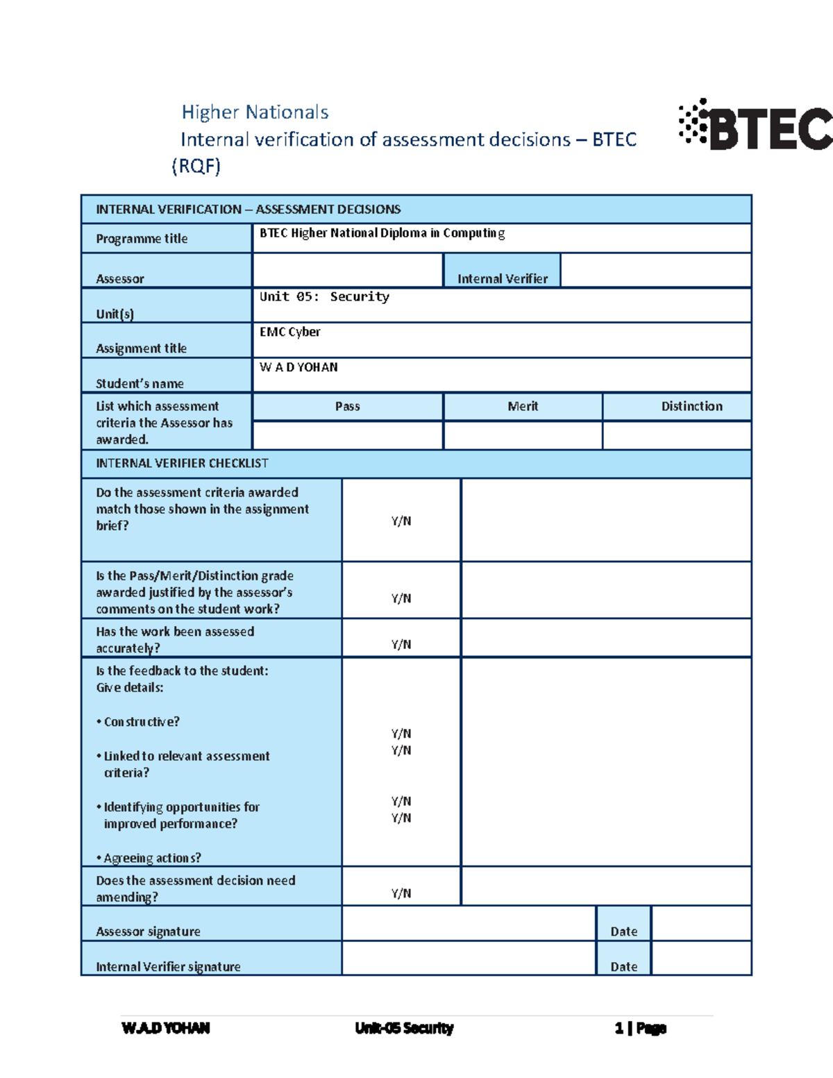 Sample - Higher Nationals Internal verification of assessment decisions ...