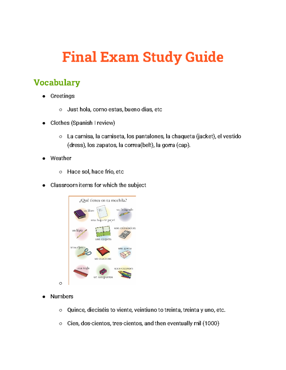 Real Spanish Finals - Final Exam Study Guide Vocabulary Greetings Just ...