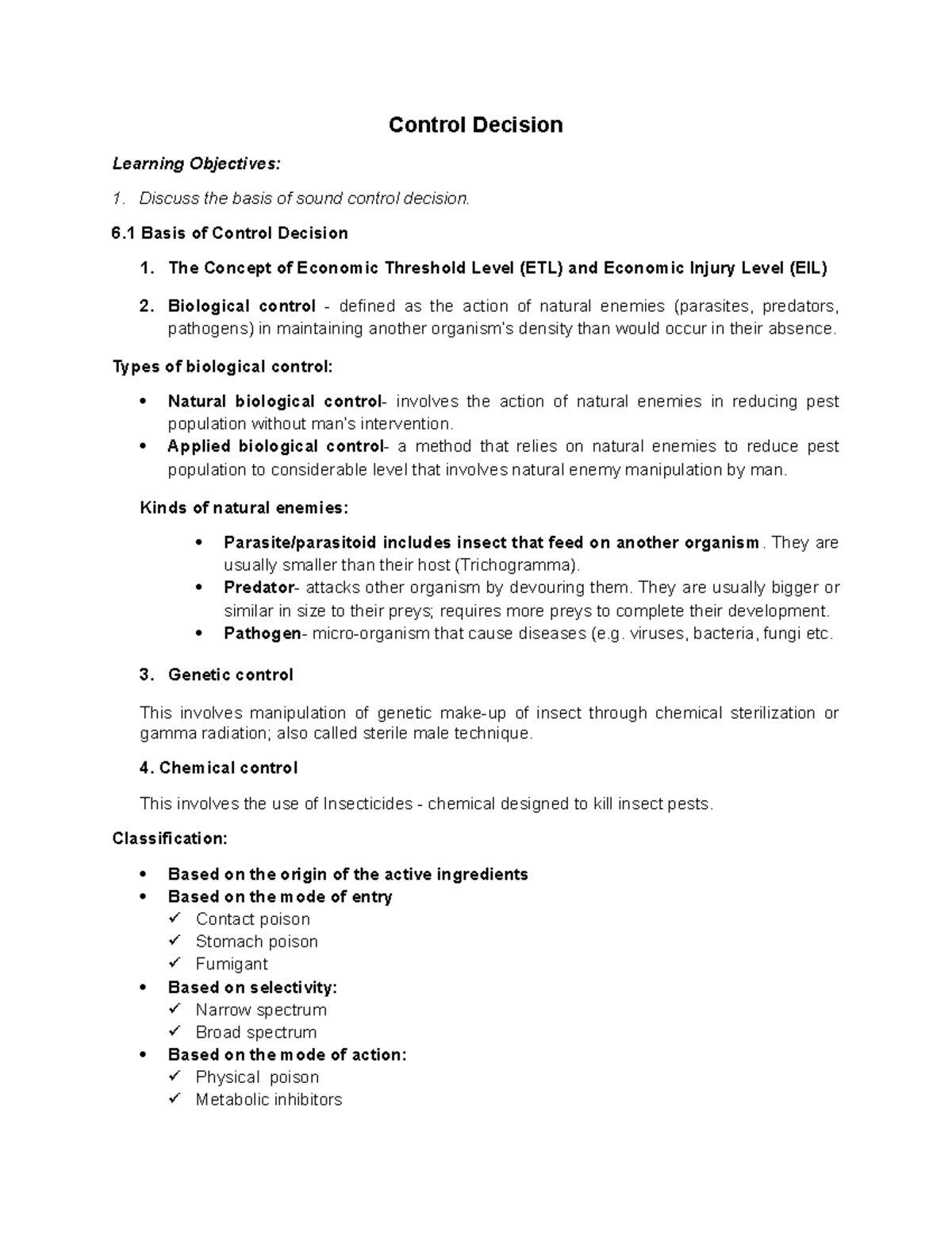 Control Decision - Control Decision Learning Objectives: 1. Discuss the ...