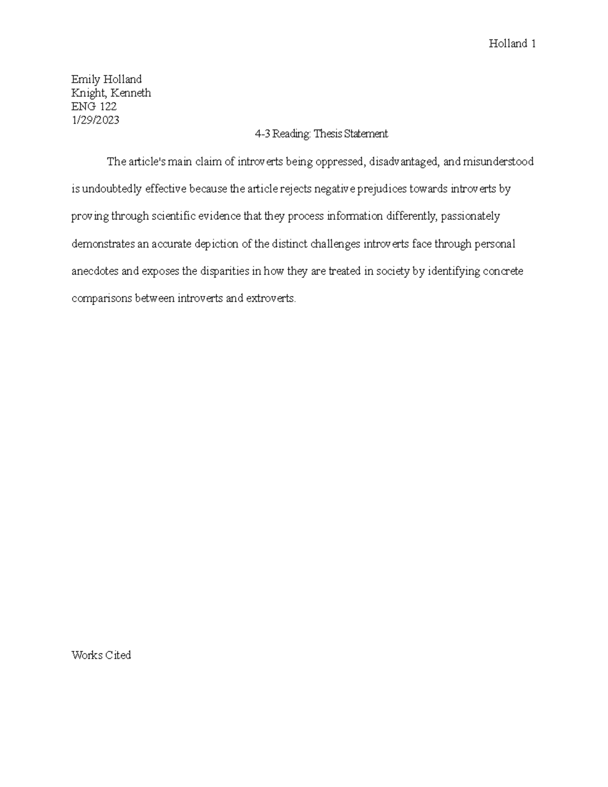 4-3 Reading- Thesis Statement (Caring for Your Introvert) - Holland 1 ...